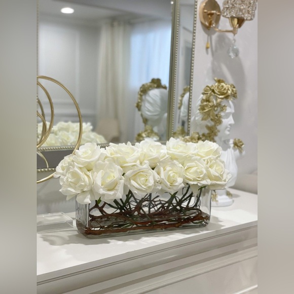 Accents | Mirrored Rectangular Flower Holder Box Faux White Roses ...